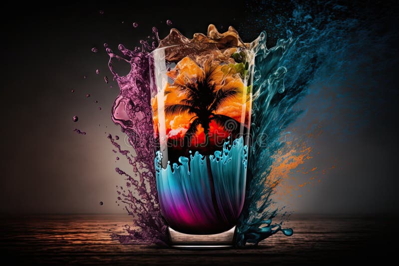 Exploding Glass with Liquid Colored Tropical Cocktail Stock ...