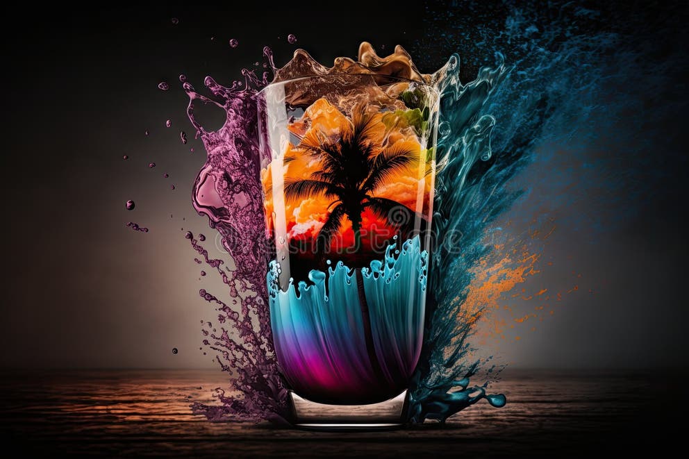 Exploding Glass with Liquid Colored Tropical Cocktail Stock ...