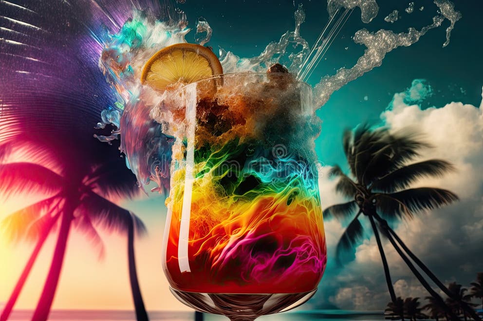 Exploding Glass with Liquid Colored Tropical Cocktail Stock ...