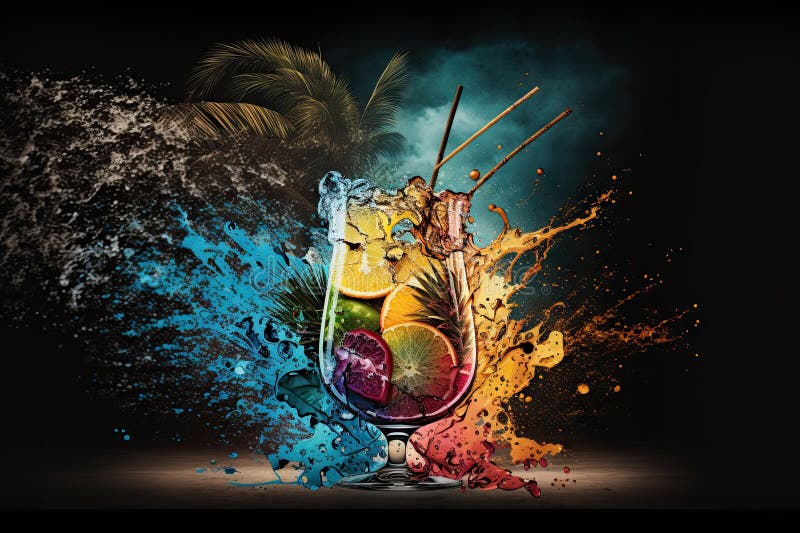 Exploding Glass with Liquid Colored Tropical Cocktail Stock ...