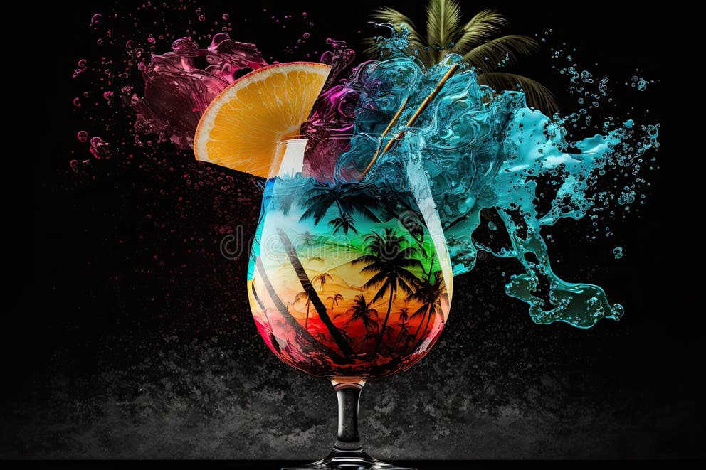 Exploding Glass with Liquid Colored Tropical Cocktail Stock ...