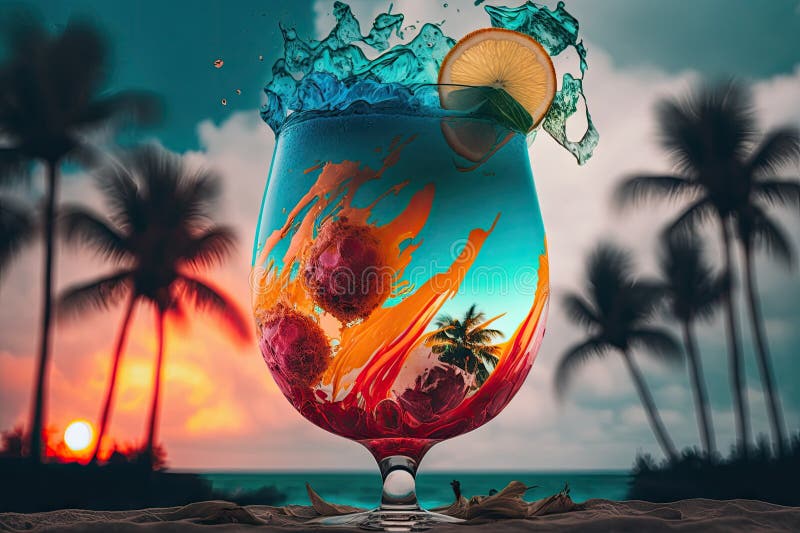 Exploding Glass with Liquid Colored Tropical Cocktail Stock ...