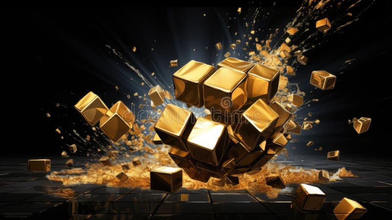 Exploding Golden Cubes on a Black Background. 3D Digital Art with ...