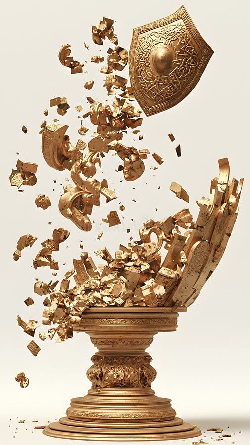 Exploding Golden Shield and Fragments Stock Illustration - Illustration ...