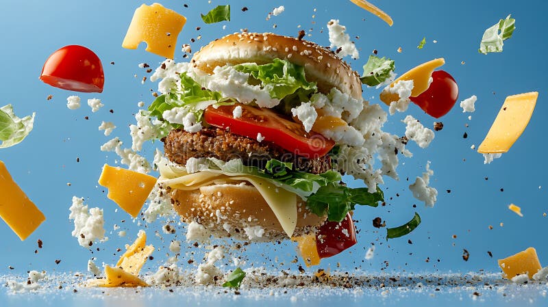 Exploding Gourmet Burger on Blue Background Stock Illustration ...