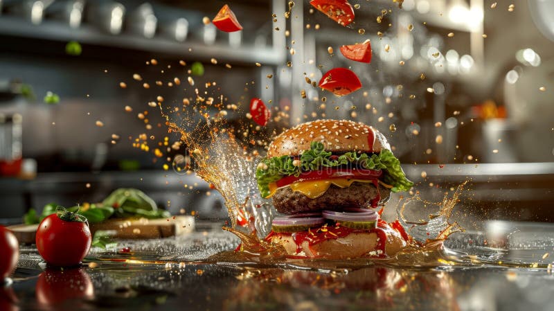 Gourmet Burger Exploding Kitchen Stock Photos - Free & Royalty-Free ...