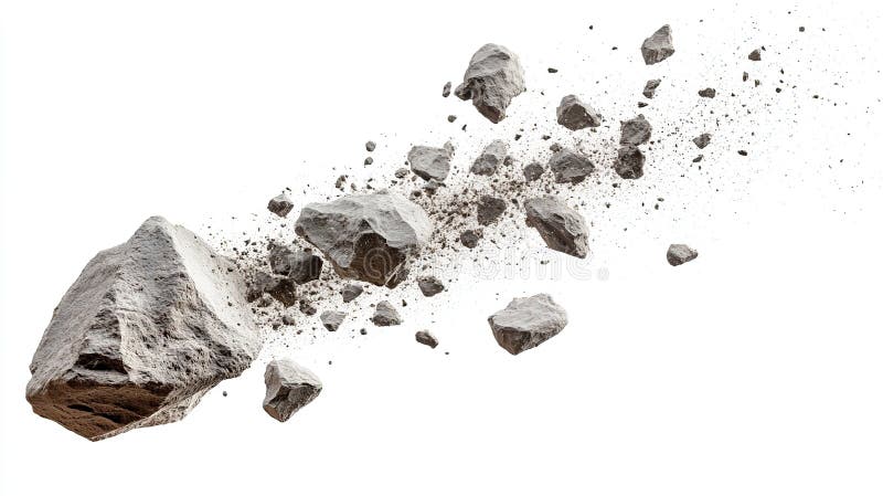 Exploding Grey Rock Isolated on White Background, Showing Fragments and ...