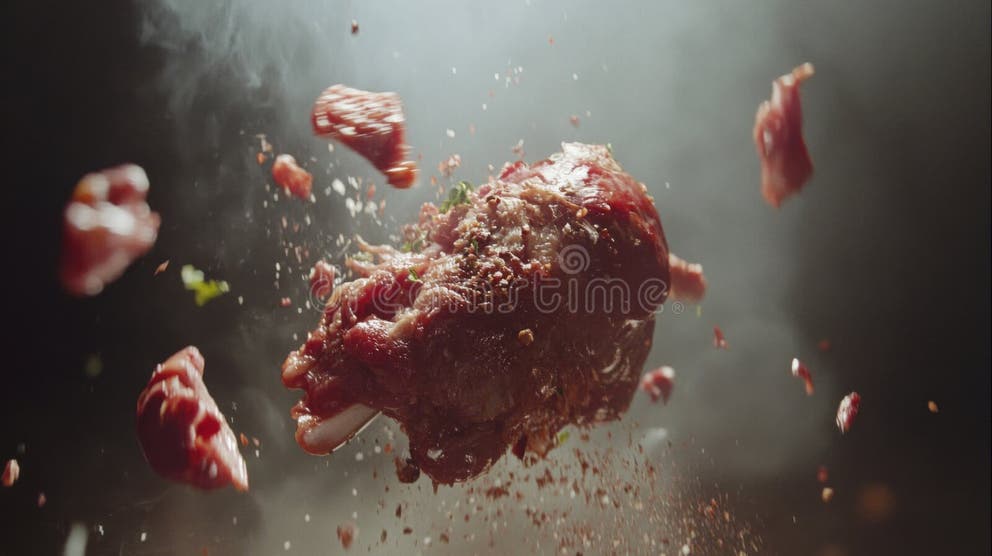 Exploding Grilled Meat Pieces in Dark Setting Stock Illustration ...