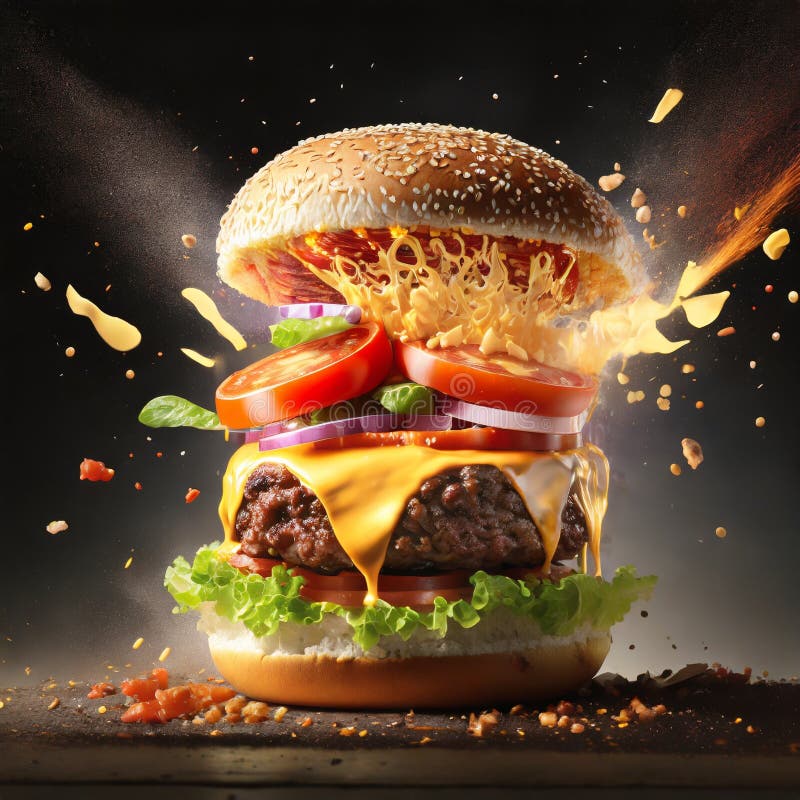 Exploding hamburger stock illustration. Illustration of cafe - 293393659