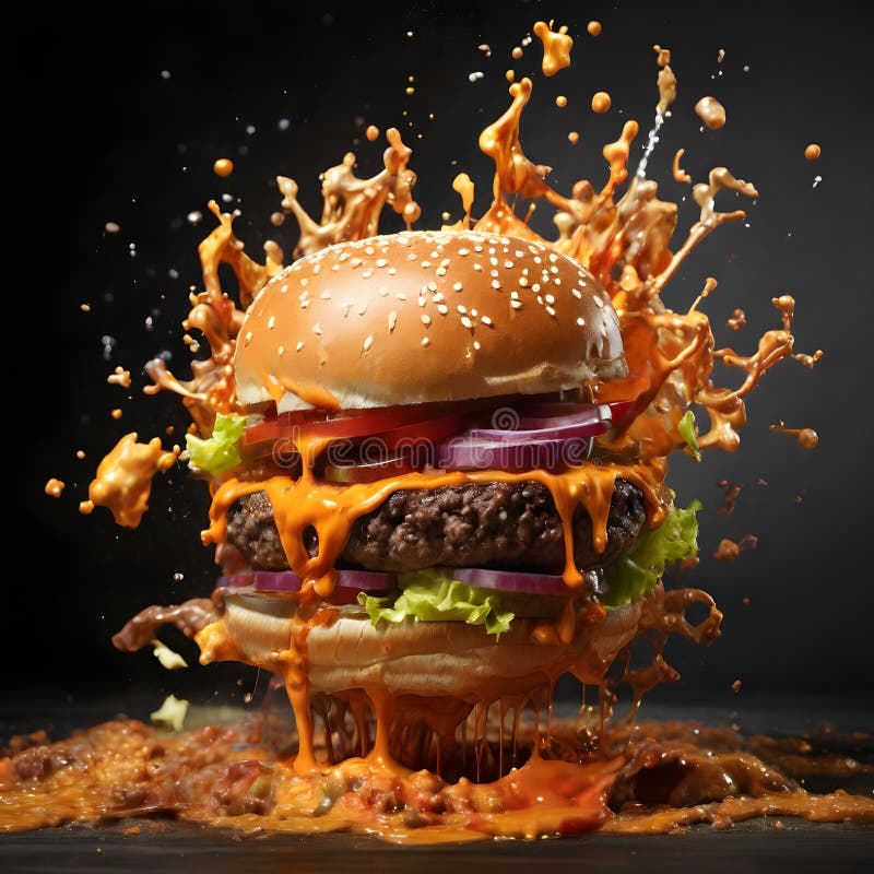 Exploding Hamburger, Big Splashes of Food and Sauce Stock Illustration ...