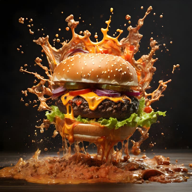 Exploding Hamburger, Big Splashes of Food and Sauce Stock Illustration ...