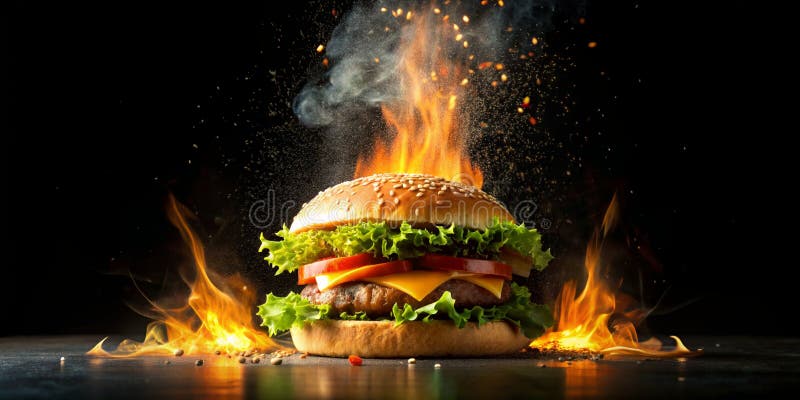 Exploding Hamburger Isolated on a Black Background Generative AI Stock ...