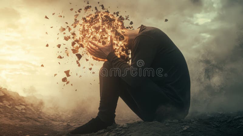 Exploding Head Concept of Man Sitting in Despair, Fragmented and ...