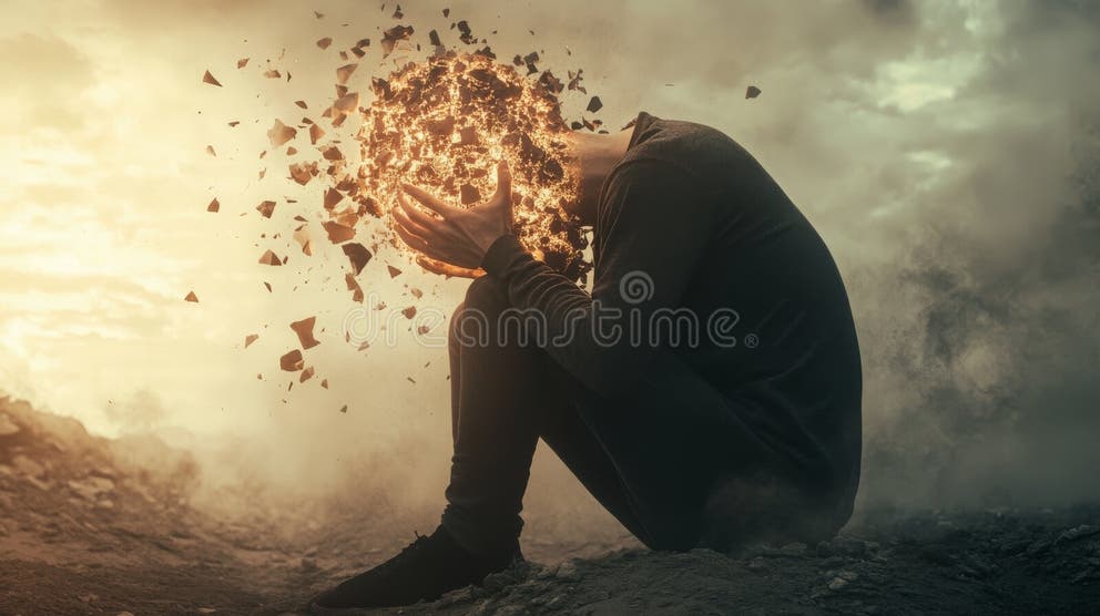 Exploding Head Concept of Man Sitting in Despair, Fragmented and ...