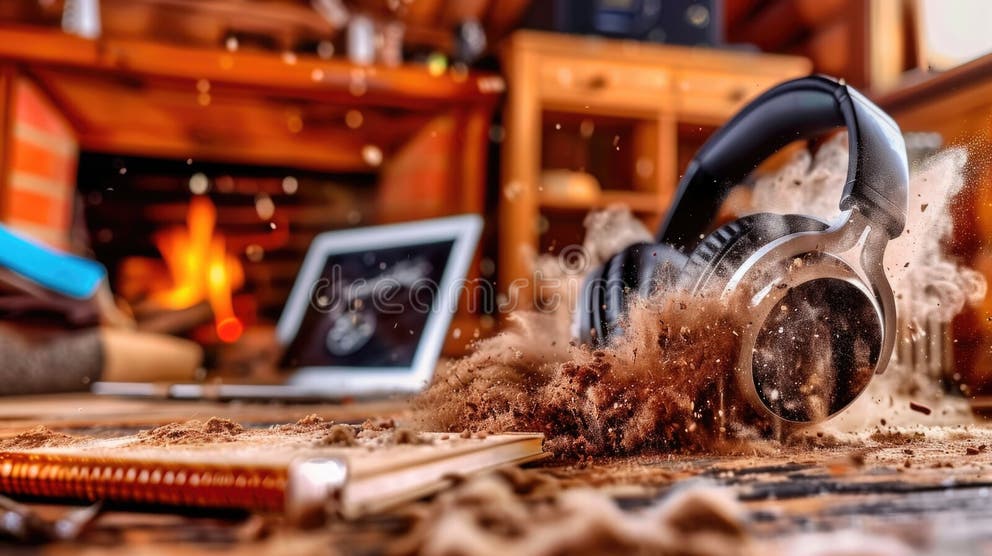 Exploding Headphones in Cozy Rustic Room with Fireplace and Laptop ...