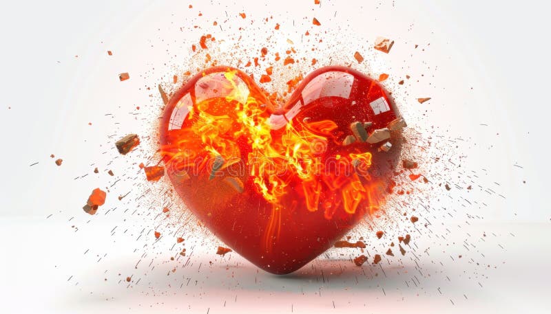 Exploding Heart with Fiery Flames and Debris in a Dynamic Burst Effect ...