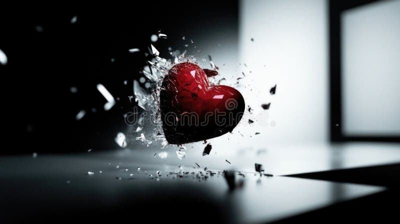 Exploding Heart: Shattered Red Crystal Amidst Flying Glass Fragments in ...