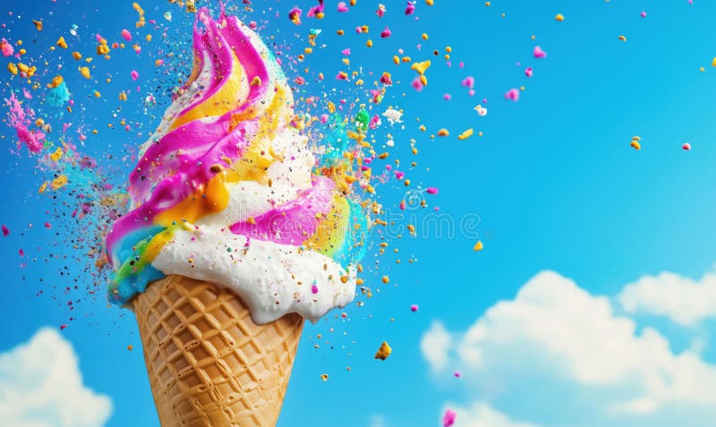 Exploding Ice Cream Cone with Colorful Sprinkles and Vibrant Swirls ...