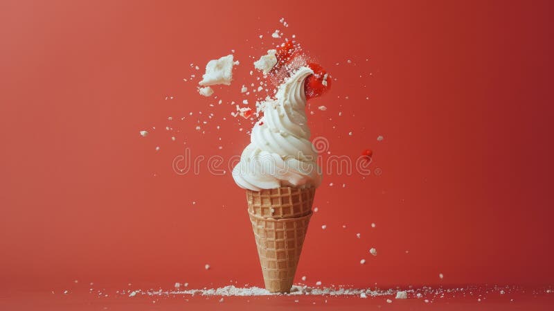 Exploding Ice Cream Cone with Crumbs Against a Red Background Stock ...
