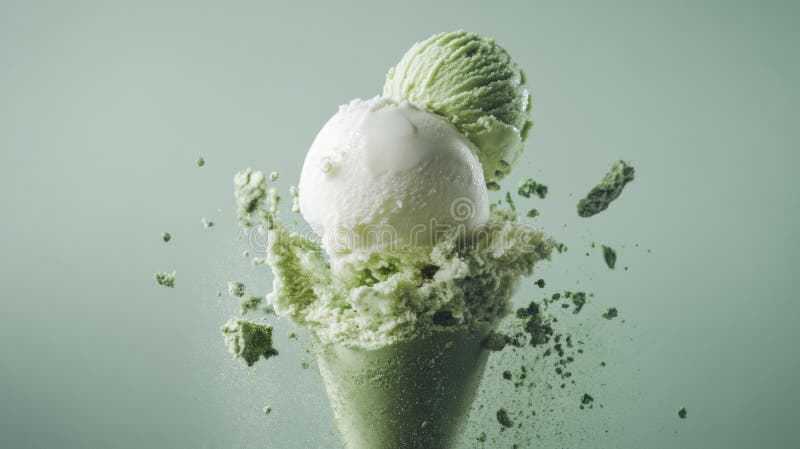 Exploding Ice Cream Scoops: White and Green Mint Flavors Stock ...
