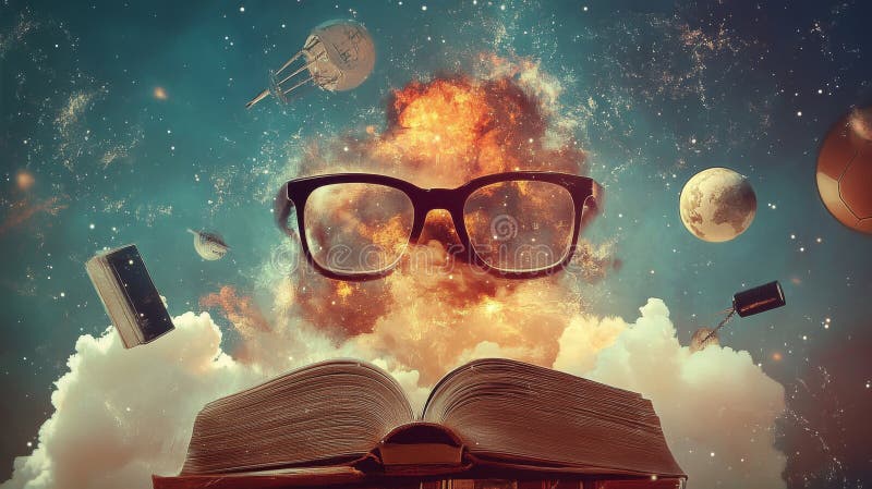 Exploding Imagination Concept with Book and Glasses Stock Illustration ...