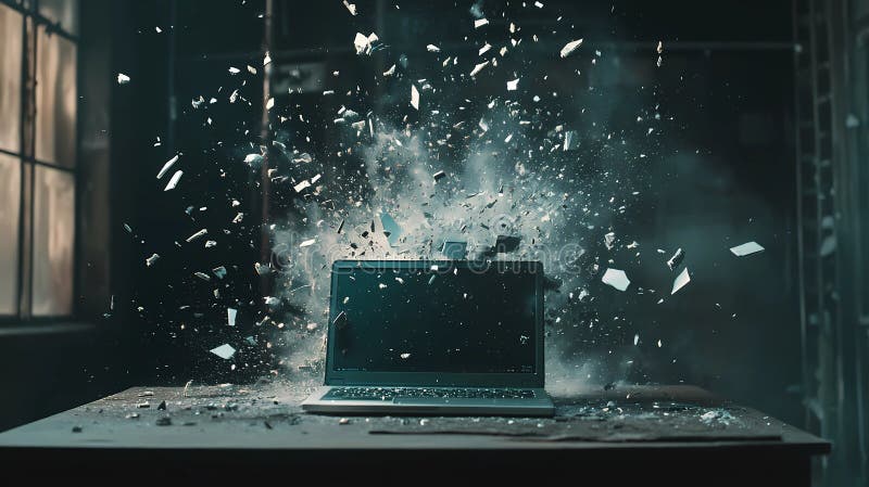 Exploding Laptop with Shattered Glass and Debris Flying in a Dramatic ...
