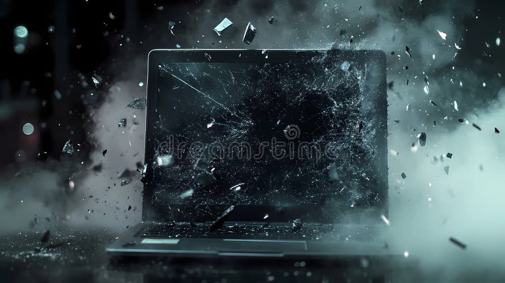 Exploding Laptop with Shattered Glass and Debris Flying in a Dramatic ...