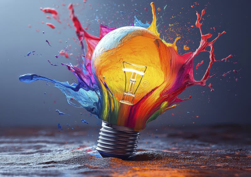 Exploding Light Bulb with Colorful Paint and Creativity, Dark ...
