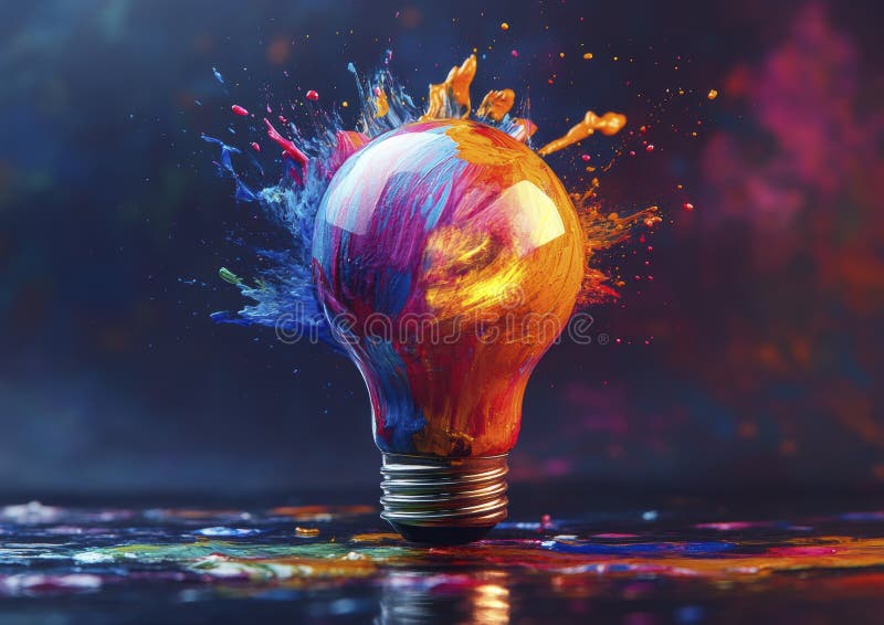 Exploding Light Bulb with Colorful Paint and Creativity, Dark ...