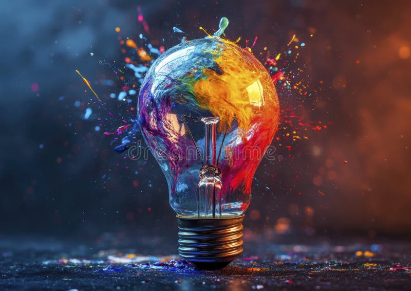 Exploding Light Bulb with Colorful Paint and Creativity, Dark ...