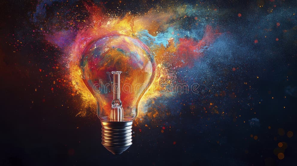 Exploding Light Bulb with Colorful Paint and Creativity, Dark ...