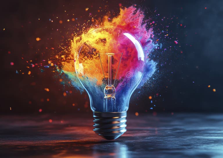 Exploding Light Bulb with Colorful Paint and Creativity, Dark ...