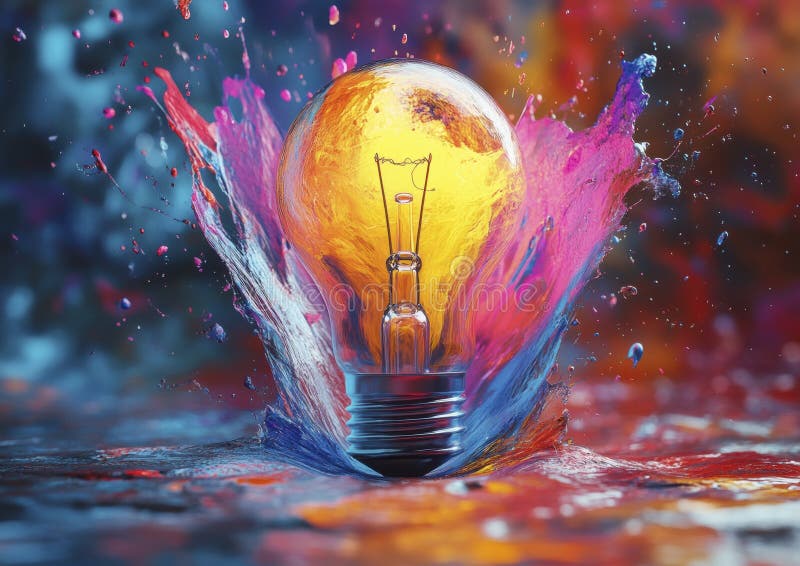 Exploding Light Bulb with Colorful Paint and Creativity, Dark ...