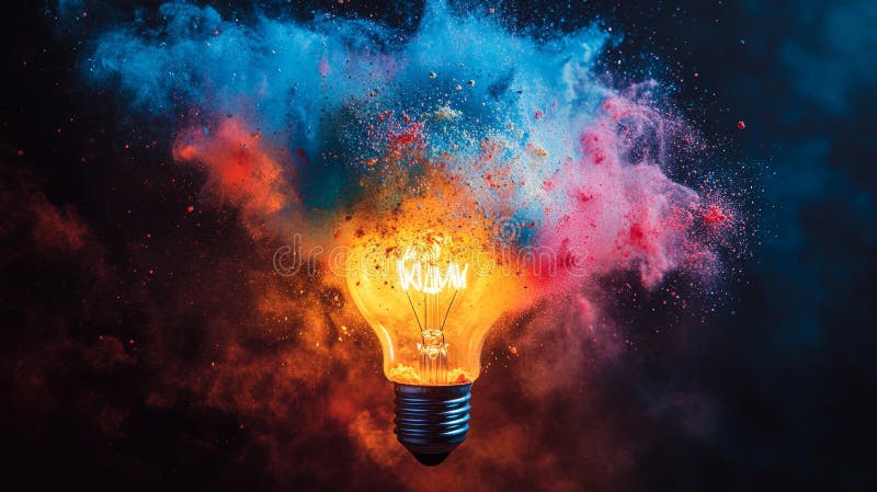 Exploding Light Bulb with Colorful Powder on Black Background ...