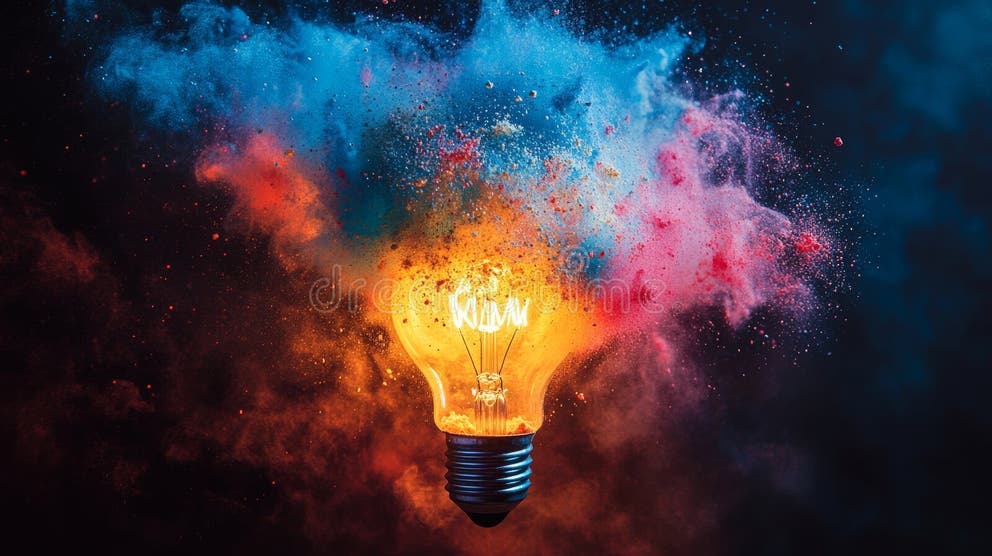 Exploding Light Bulb with Colorful Powder on Black Background ...