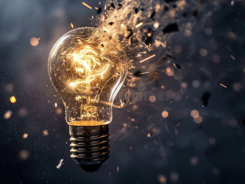 Exploding Light Bulb with Sparks and Fragments Flying in Dark Room ...
