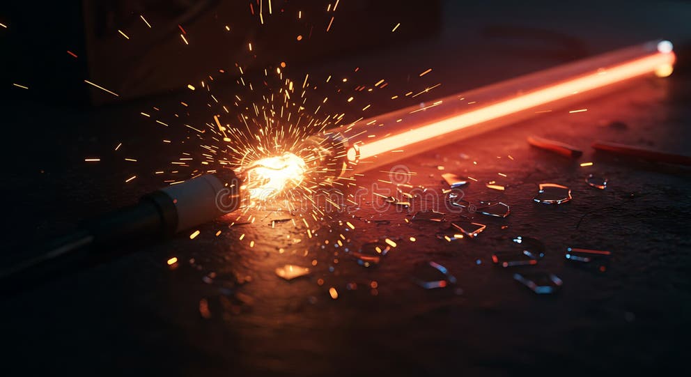 Exploding Lightbulb with Sparks and Broken Glass on a Dark Surface ...