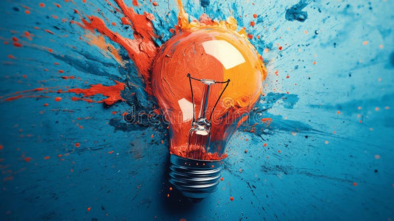Exploding Lightbulb in Vibrant Red Orange and Blue Paint Stock ...