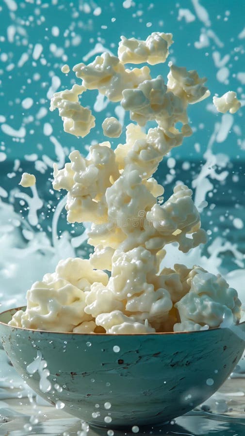 Exploding Milk Splashes with Crisp Popcorn in Bowl Against Aqua ...