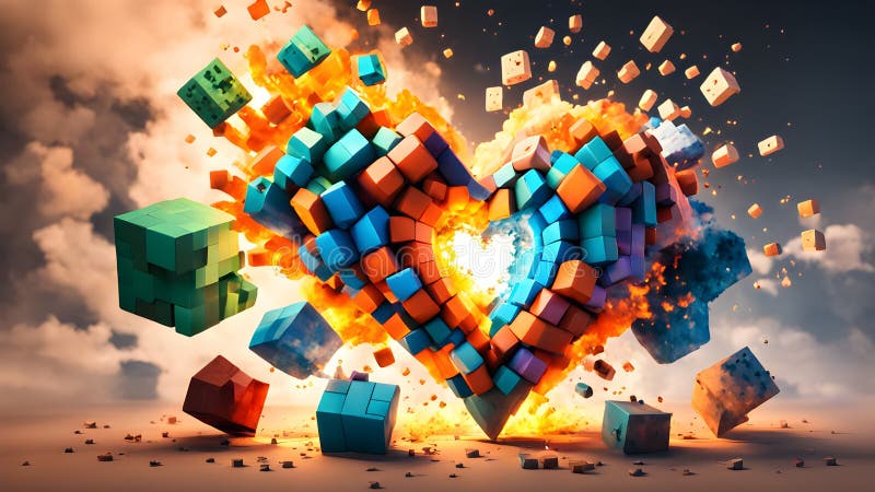 Exploding Minecraft Colorful Cubes Paint and Splashes. Heart Shape ...