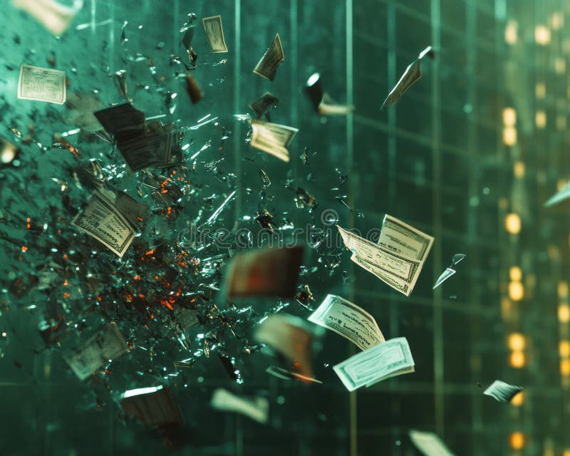 Exploding Money and Documents in Digital Chaos Stock Illustration ...