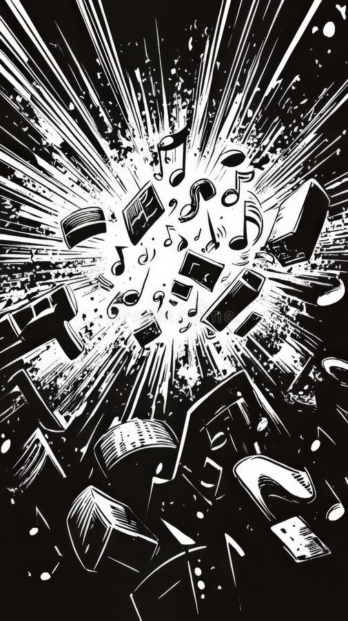 Exploding Music Notes in Black and White Abstract Art Stock ...