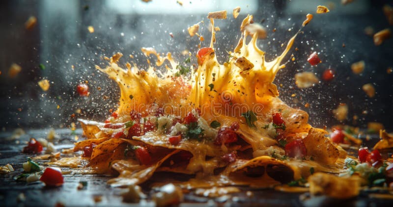 Exploding Nachos with Cheese, Salsa, and Toppings Stock Photo - Image ...