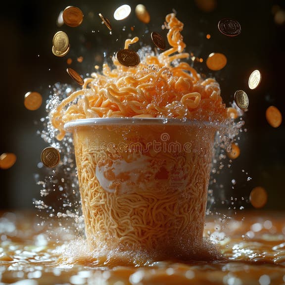 Exploding Noodles with Coins in Dynamic Splash Stock Image - Image of ...