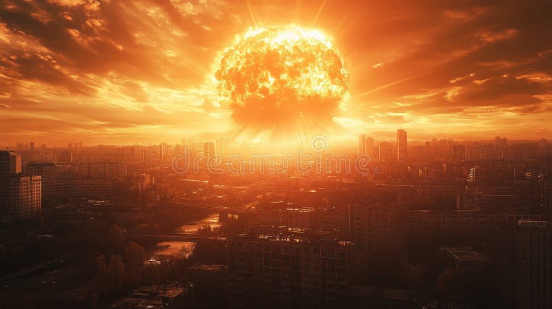 Exploding Nuclear Fireball Dominating City Skyline Stock Photo - Image ...