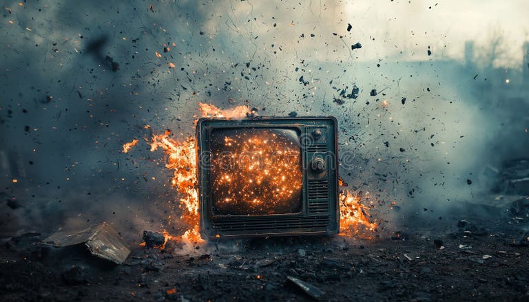 An Exploding Old TV Set in Retro Style, Surrounded by Puffs of Smoke ...
