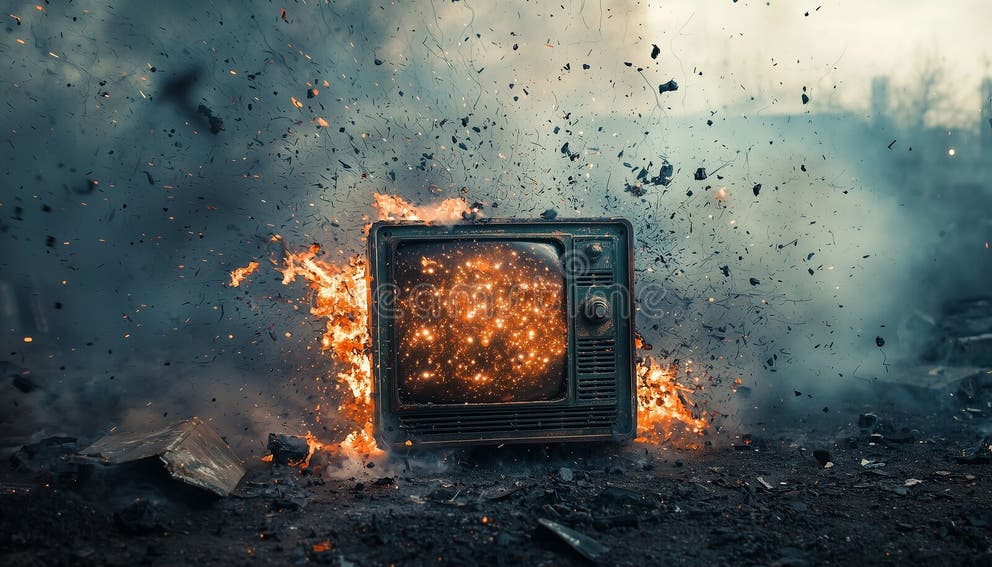 An Exploding Old TV Set in Retro Style, Surrounded by Puffs of Smoke ...