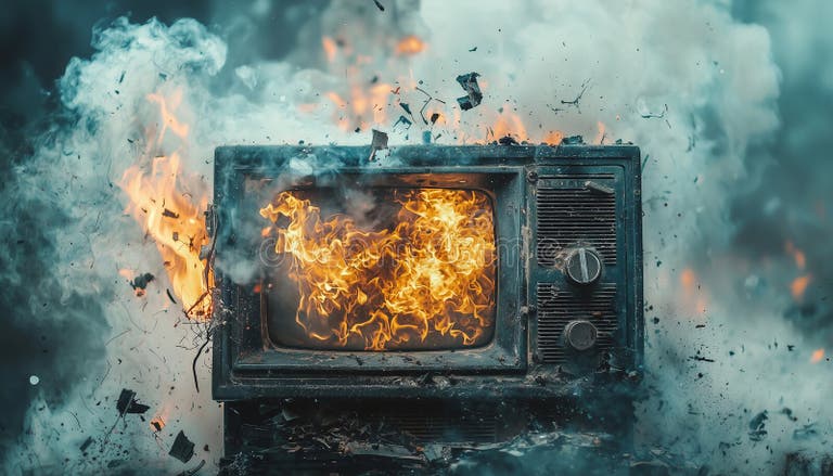 An Exploding Old TV Set in Retro Style, Surrounded by Puffs of Smoke ...