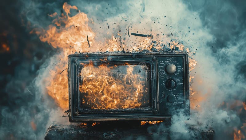 An Exploding Old TV Set in Retro Style, Surrounded by Puffs of Smoke and Bright Flashes of Flame ...