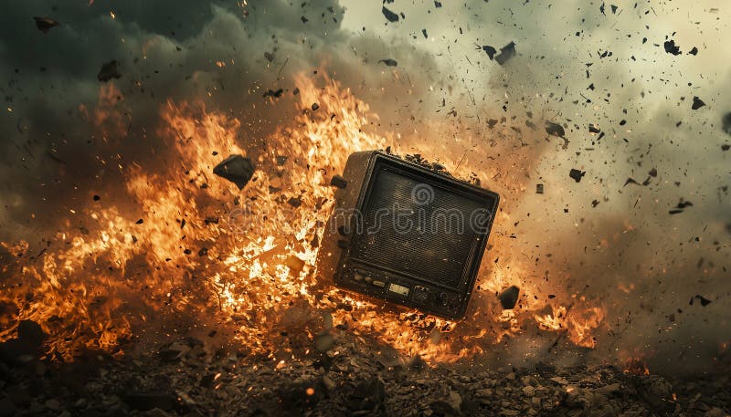 An Exploding Old TV Set in Retro Style, Surrounded by Puffs of Smoke ...